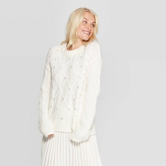 a new day | Sweaters | Cream Crewneck Embellished Pullover Sweater Nwt ...